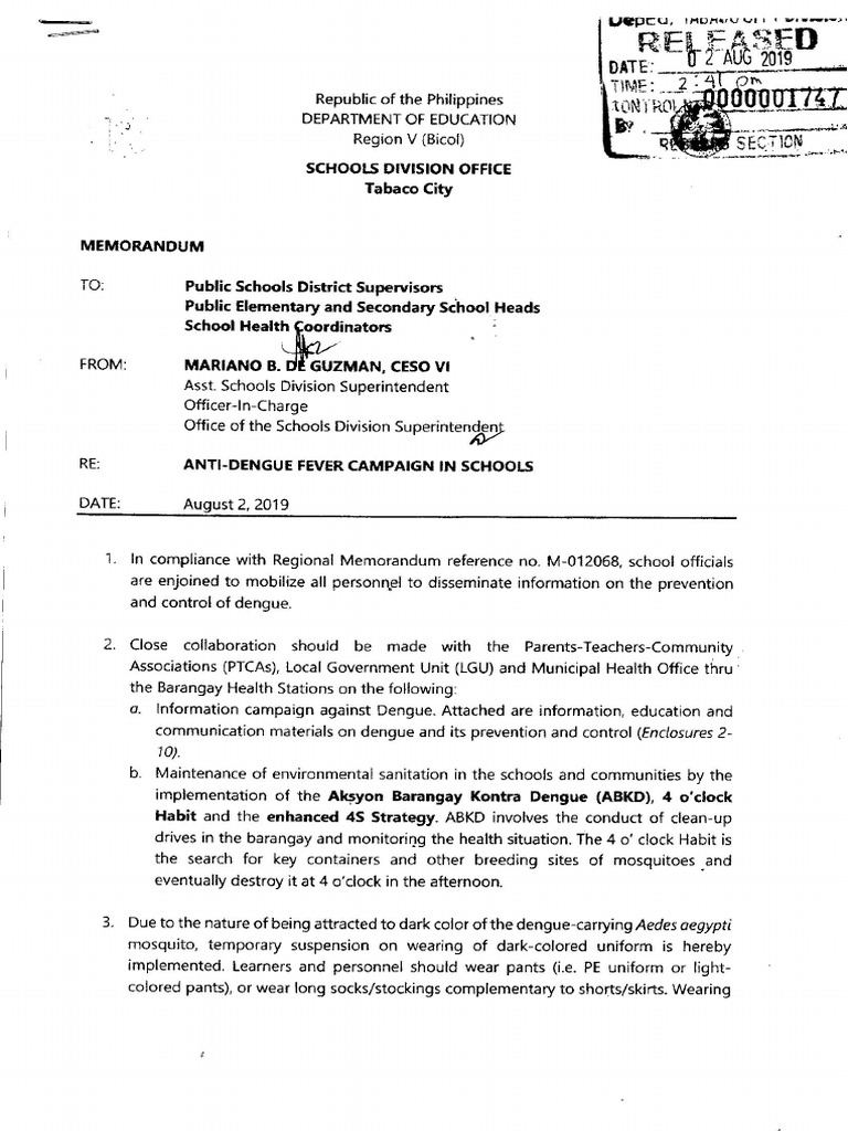 Unnumbered Memorandum AUGUST 2,2019 ANTI-DENGUE FEVER CAMPAIGN IN ...