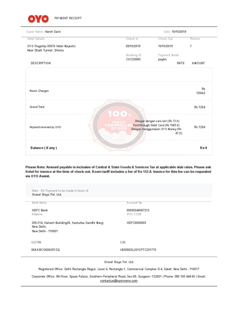 Payment Receipt for Hotel Stay Detailing Room Charges, Payment Method ...