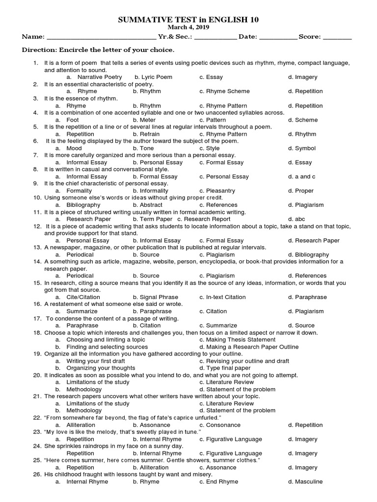 Summative Test in English 10 q2 2019-2020 | PDF | Metre (Poetry) | Poetry