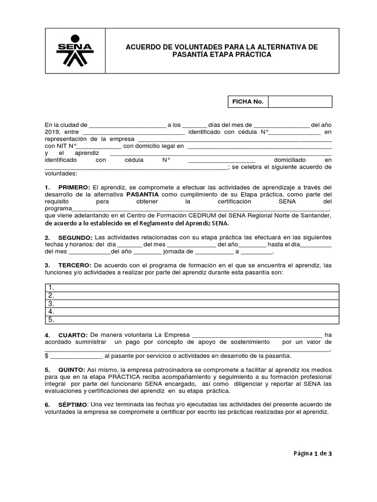 Formato Acuerdo de Voluntades para Pasantia | PDF | Business ...