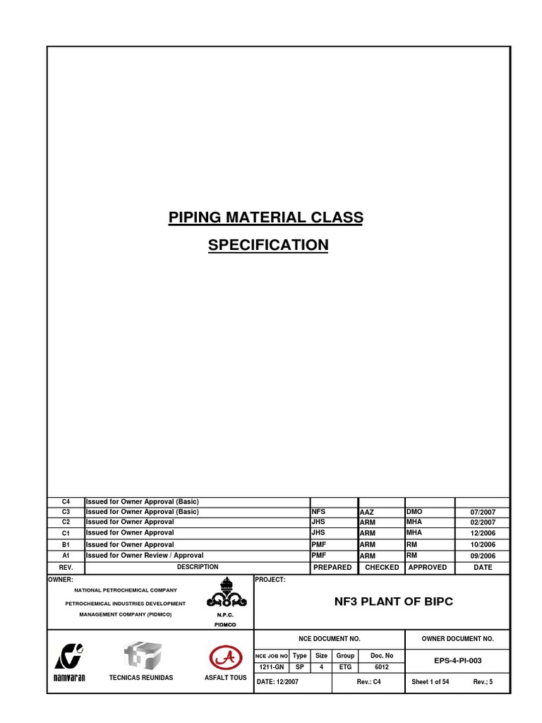 Piping Material Class Specification: Nf3 Plant Of Bipc | Pipe (Fluid ...