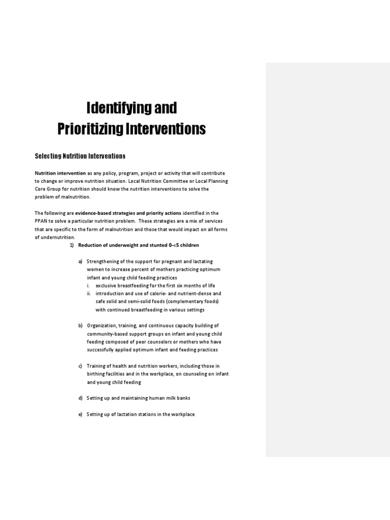Nutrition Intervention and Target Setting | PDF | Malnutrition | Foods