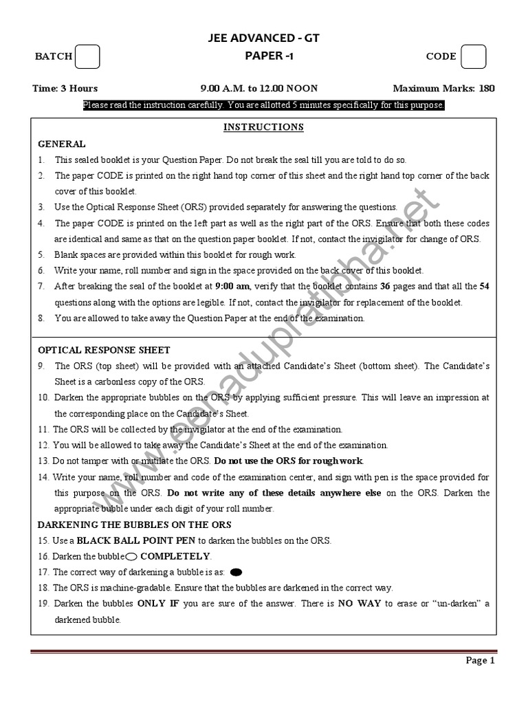 Jee Advanced - GT Paper - 1: Batch Time: 3 Hours Maximum Marks: 180 ...