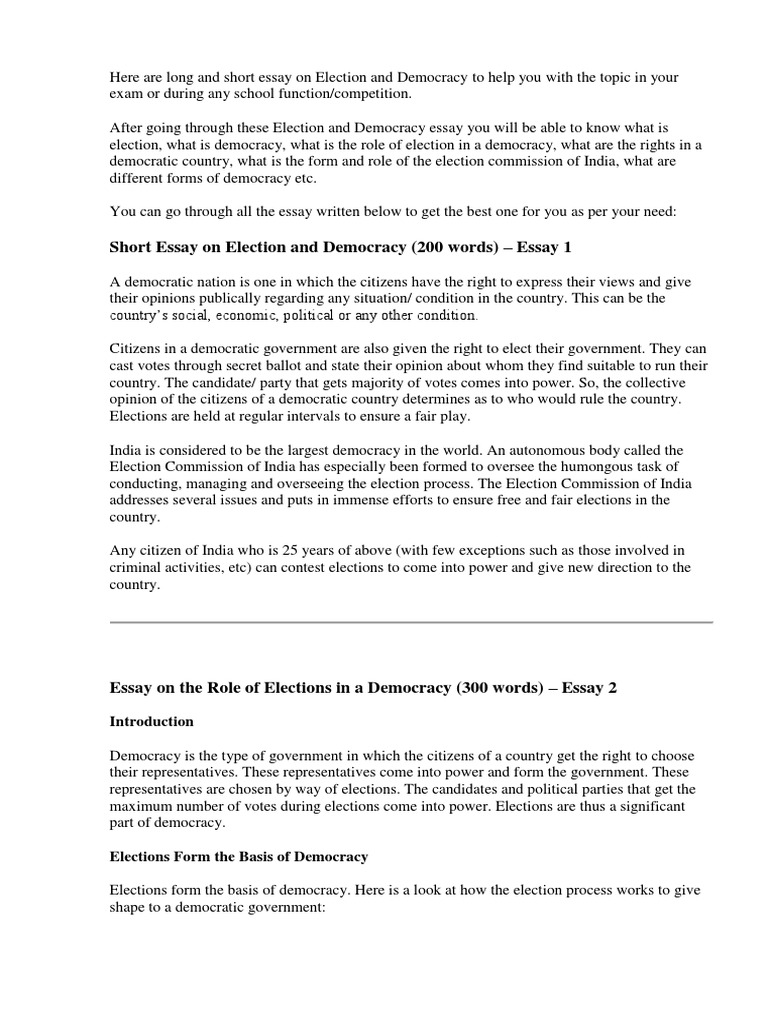 Short Essay On Election and Democracy (200 Words) - Essay 1 | Download ...