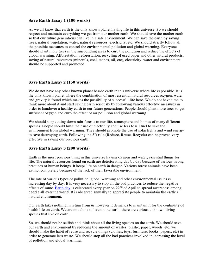 Save Earth Essay 1 (100 Words) | PDF | Natural Environment | Compact ...
