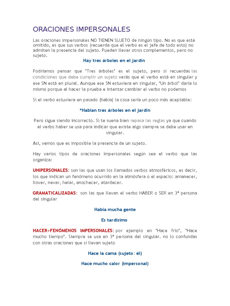 Oraciones Impersonales | PDF | Asunto (gramática) | Verbo