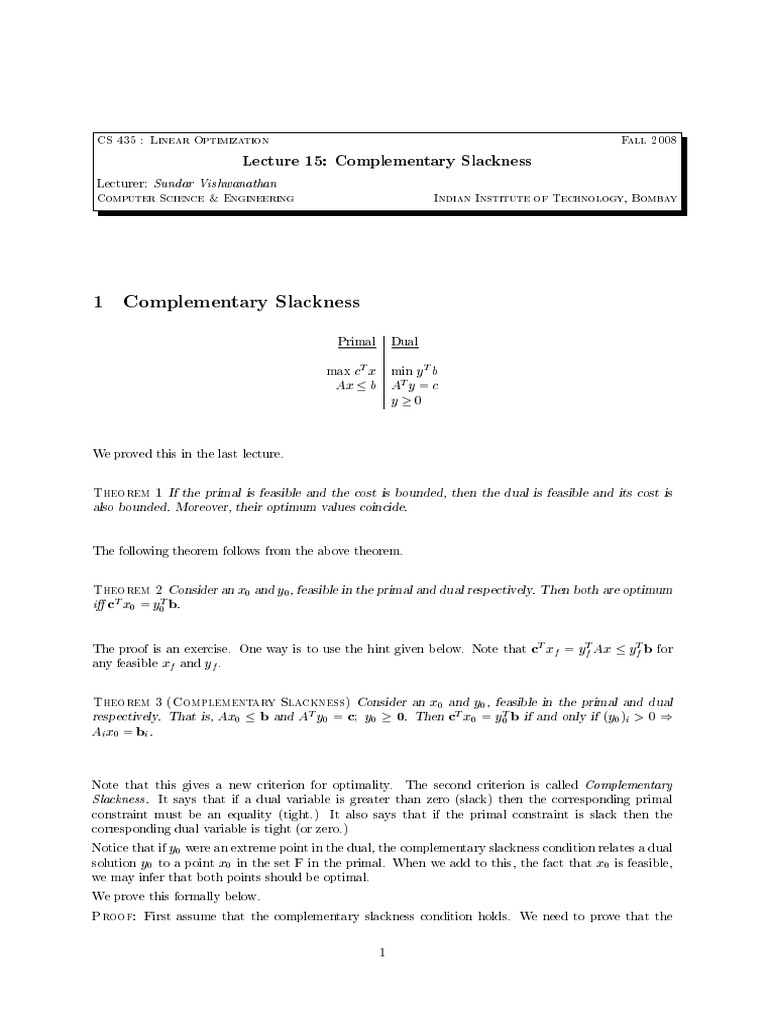 CS 435: Complementary Slackness Condition | PDF | Linear Programming | Mathematics Of Computing