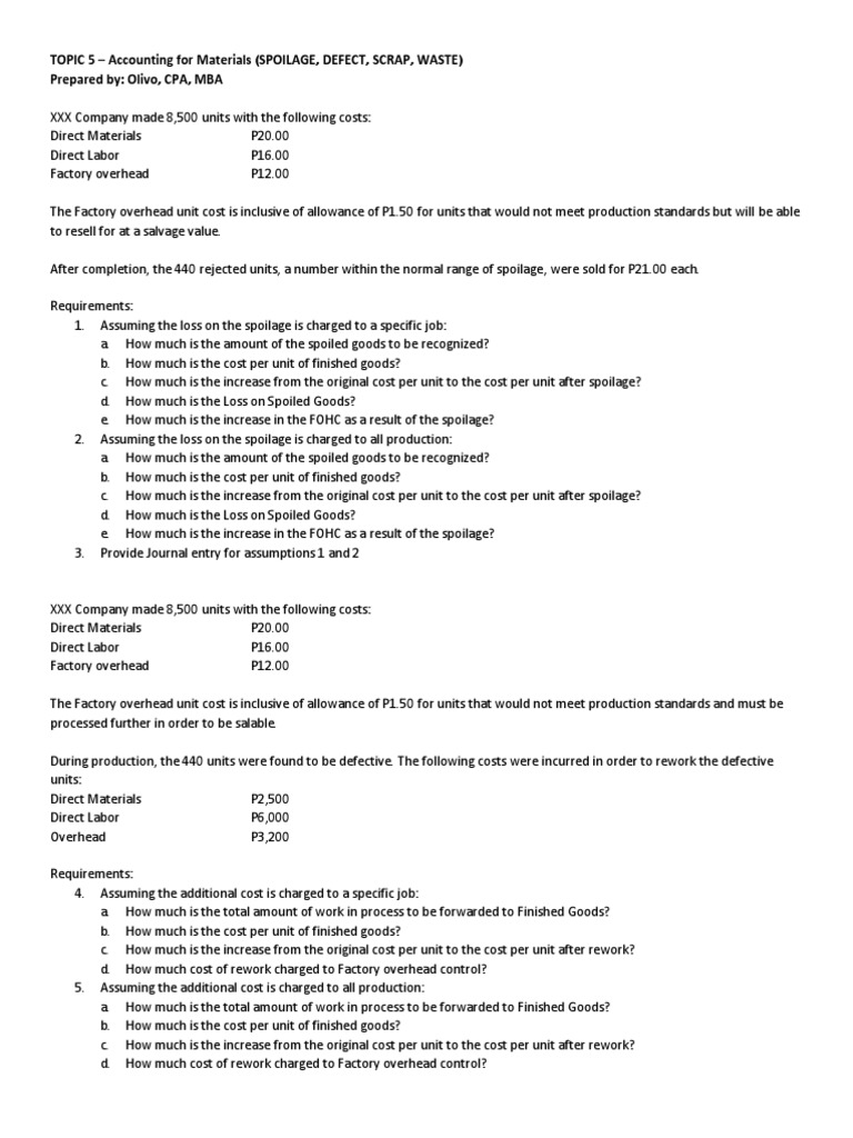 Topic 5 - Spoilage, Defect, Scrap and Waste | PDF | Cost | Industries