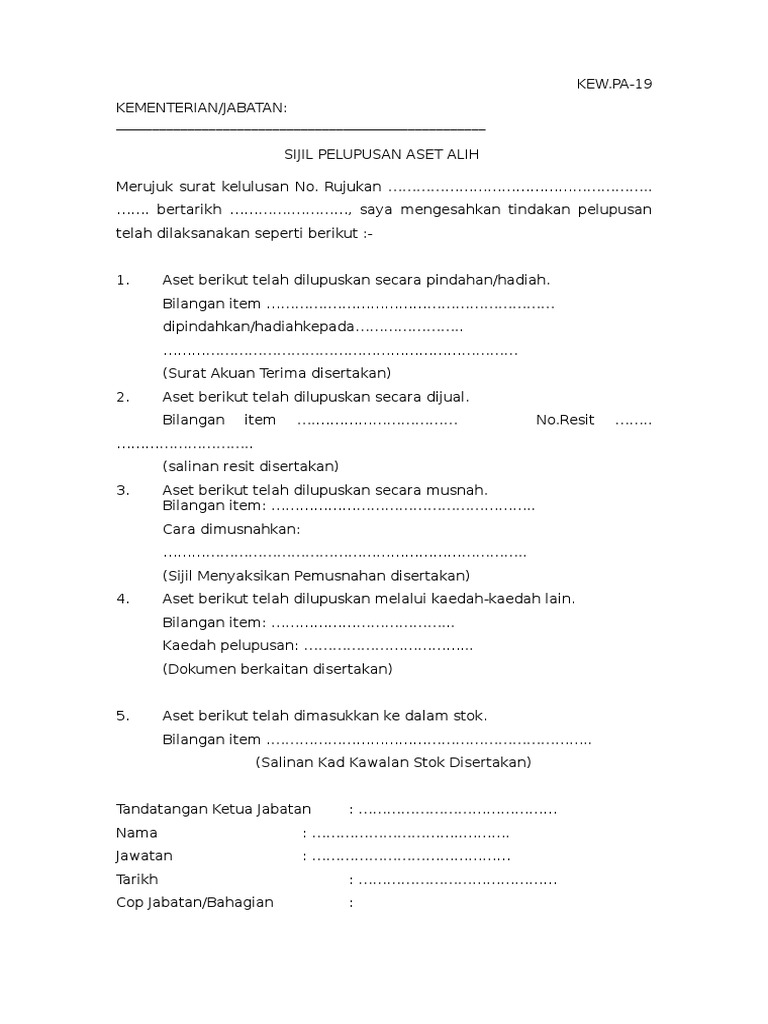 Kew Pa 19 - Sijil Pelupusan Aset Alih | PDF