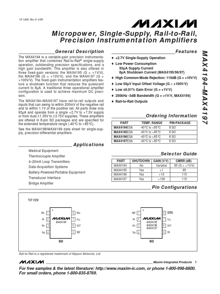 Micropower, Single-Supply, Rail-to-Rail, Precision Instrumentation Amplifiers | PDF | Amplifier ...