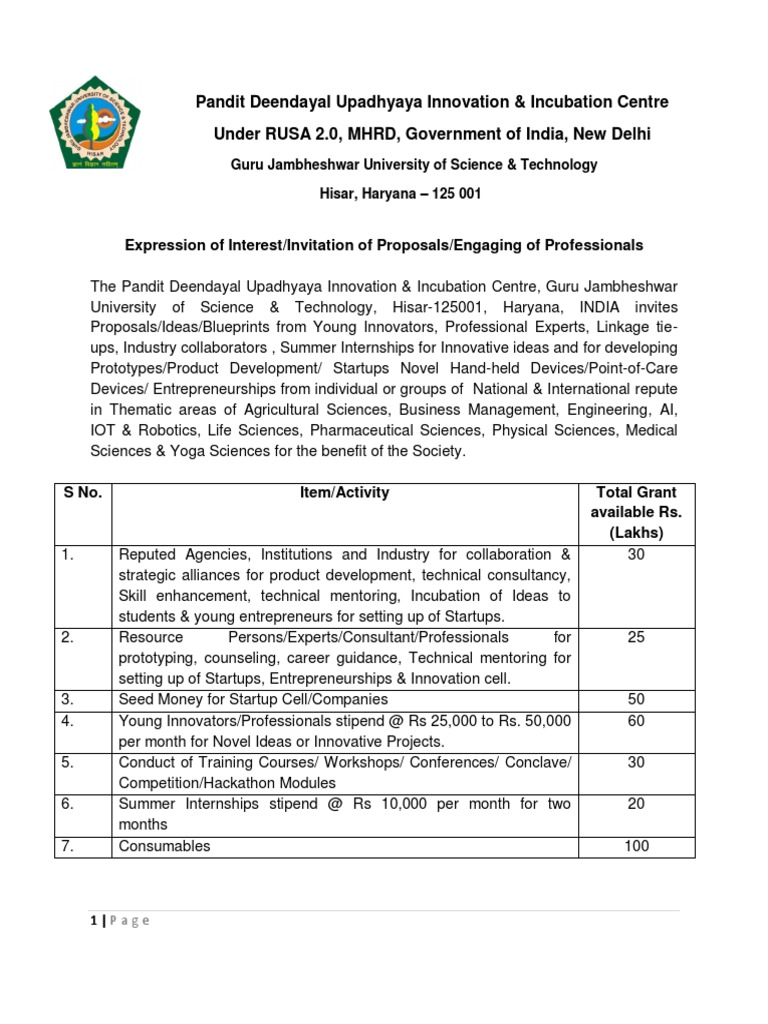 Pandit Deendayal Upadhyaya Innovation & Incubation Centre Under RUSA 2. ...