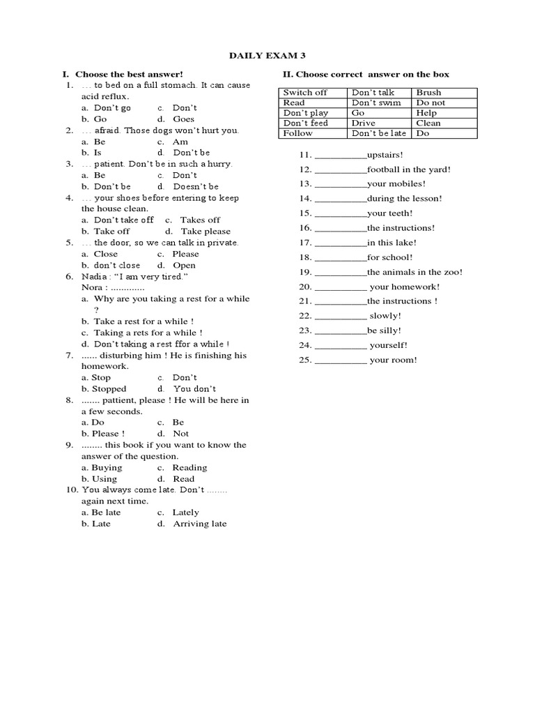 Daily Exam 3 I. Choose The Best Answer! II. Choose Correct Answer On ...
