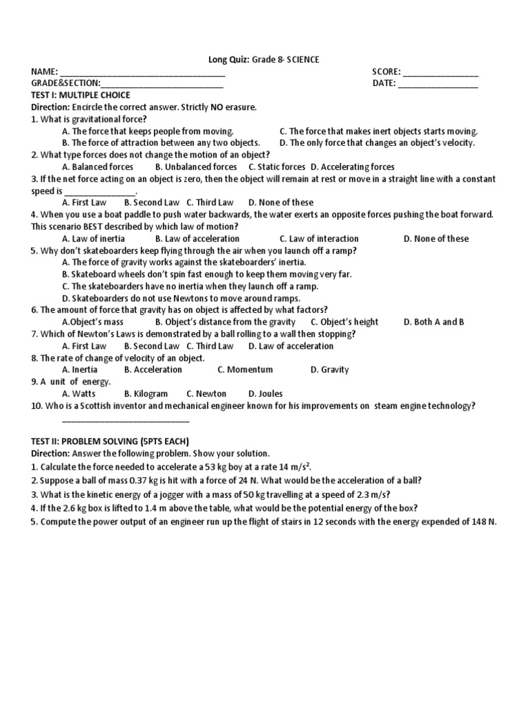 Grade 8 Science quiz results | PDF | Newton's Laws Of Motion | Force