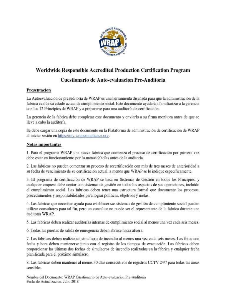 2018-07 WRAP Pre-Audit Self-Assessment Spanish Fillable Protected | PDF ...
