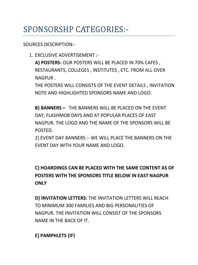 Sponsorship Categories and Benefits for Promoting a Community Event ...