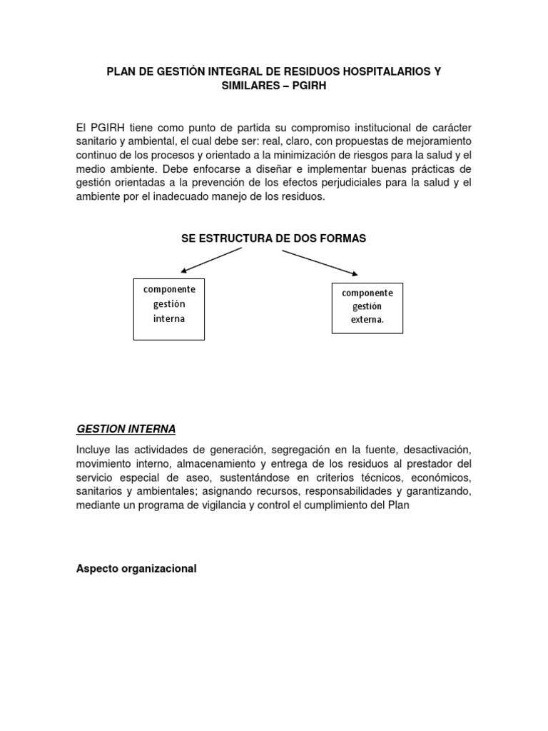 Plan de Gestión Integral de Residuos Hospitalarios y Similares | PDF | Infección adquirida en el ...