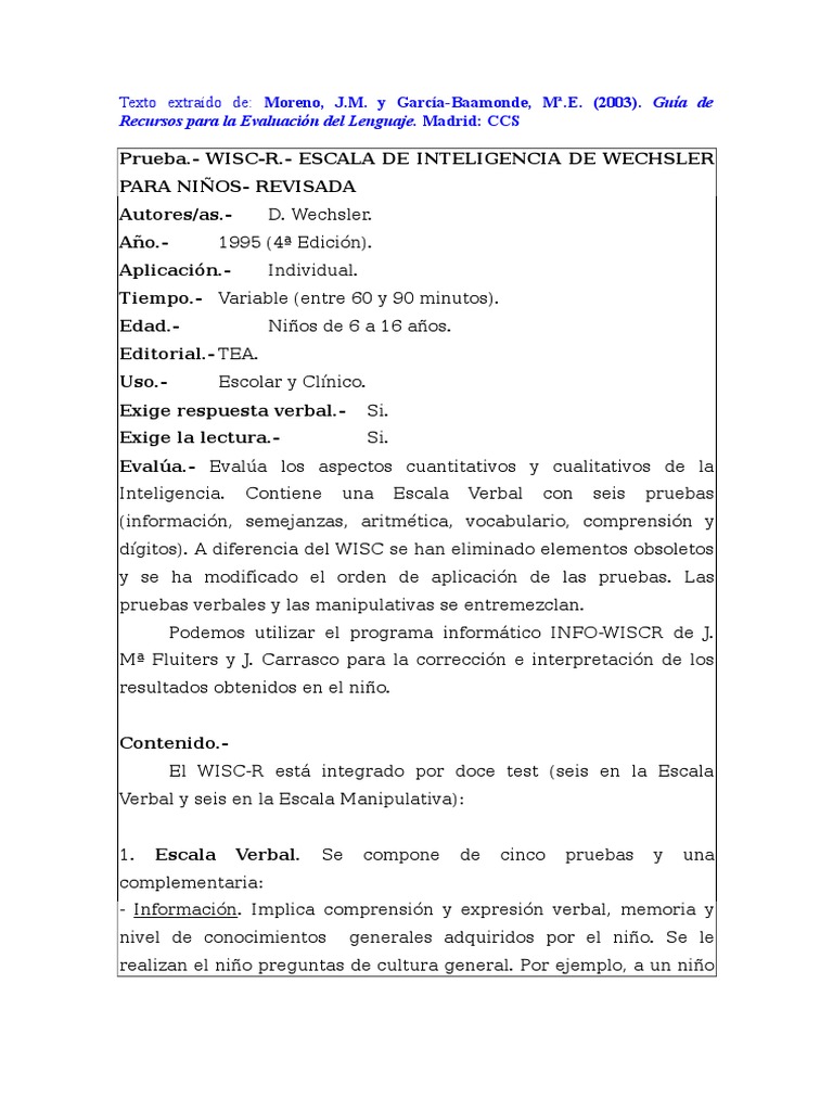 Test WISC-R (Escala de Inteligencia de Wechsler para Niños) | PDF ...