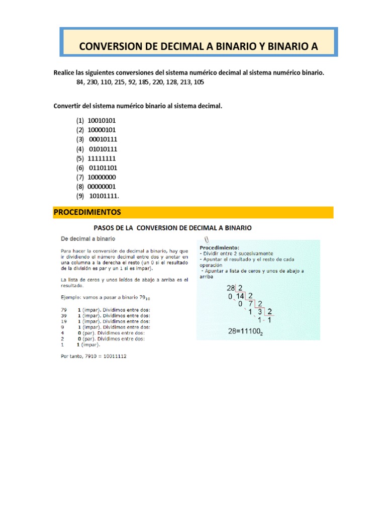 Conversion de Binario A Decimal y Decimal A Binario | PDF