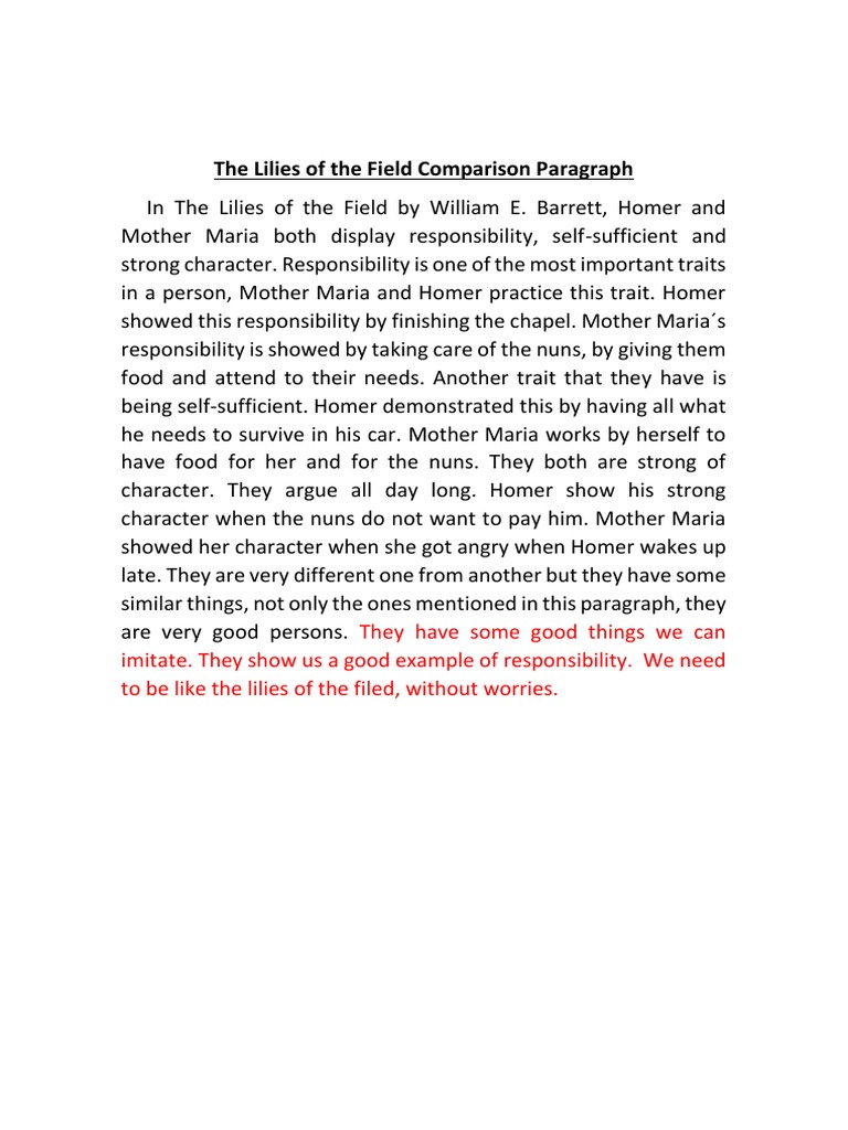 Lilies of The Field Comparison Paragraph | PDF