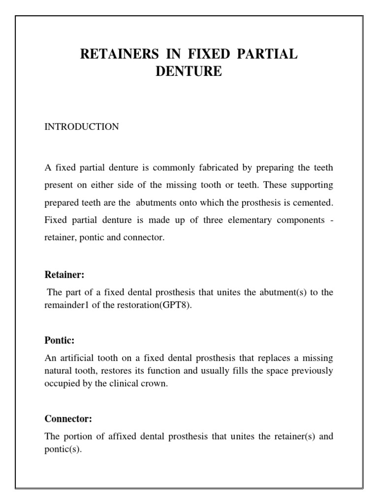 Retainers in Fixed Partial Denture: Retainer | PDF | Dentures | Mouth