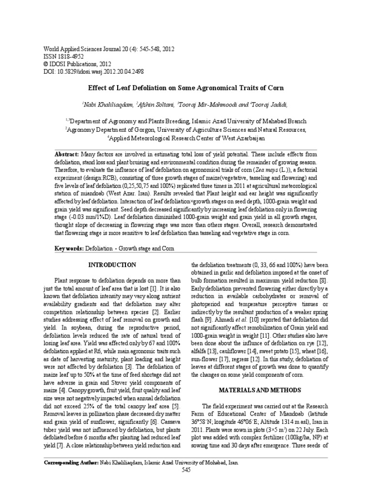 Effect of Leaf Defoliation On Some Agronomical Traits of Corn | PDF ...