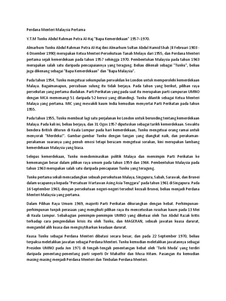 Perdana Menteri Malaysia Pertama | PDF