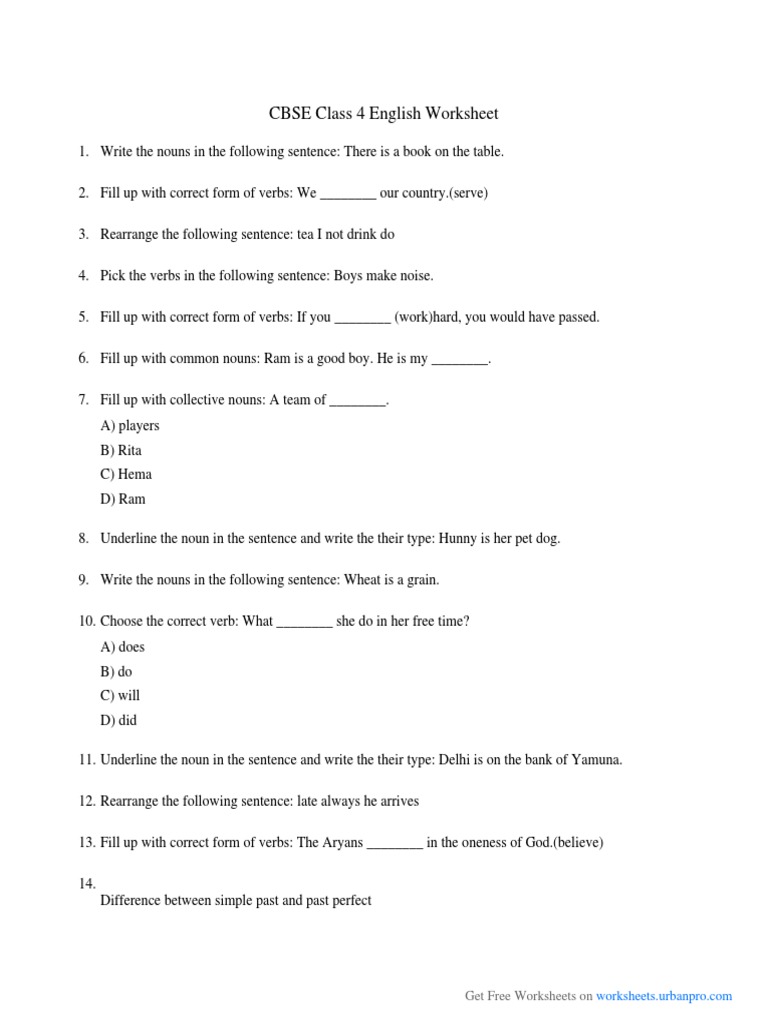 CBSE Class 4 English Worksheet | PDF | Verb | Semiotics