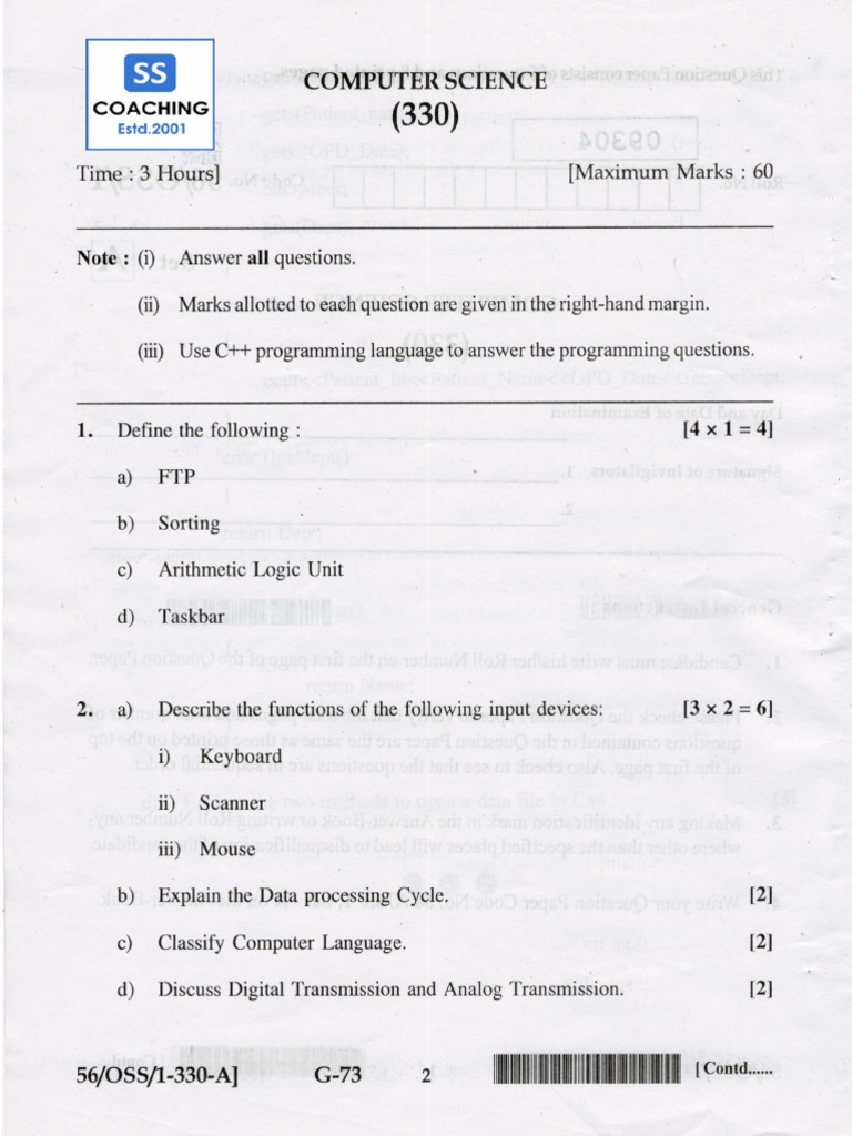 Computer Science Nios Senior Secondary 330 | PDF | C++ | Pointer (Computer Programming)