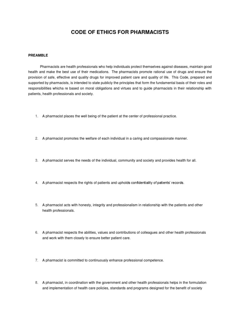 Code of Ethics For Pharmacists | PDF