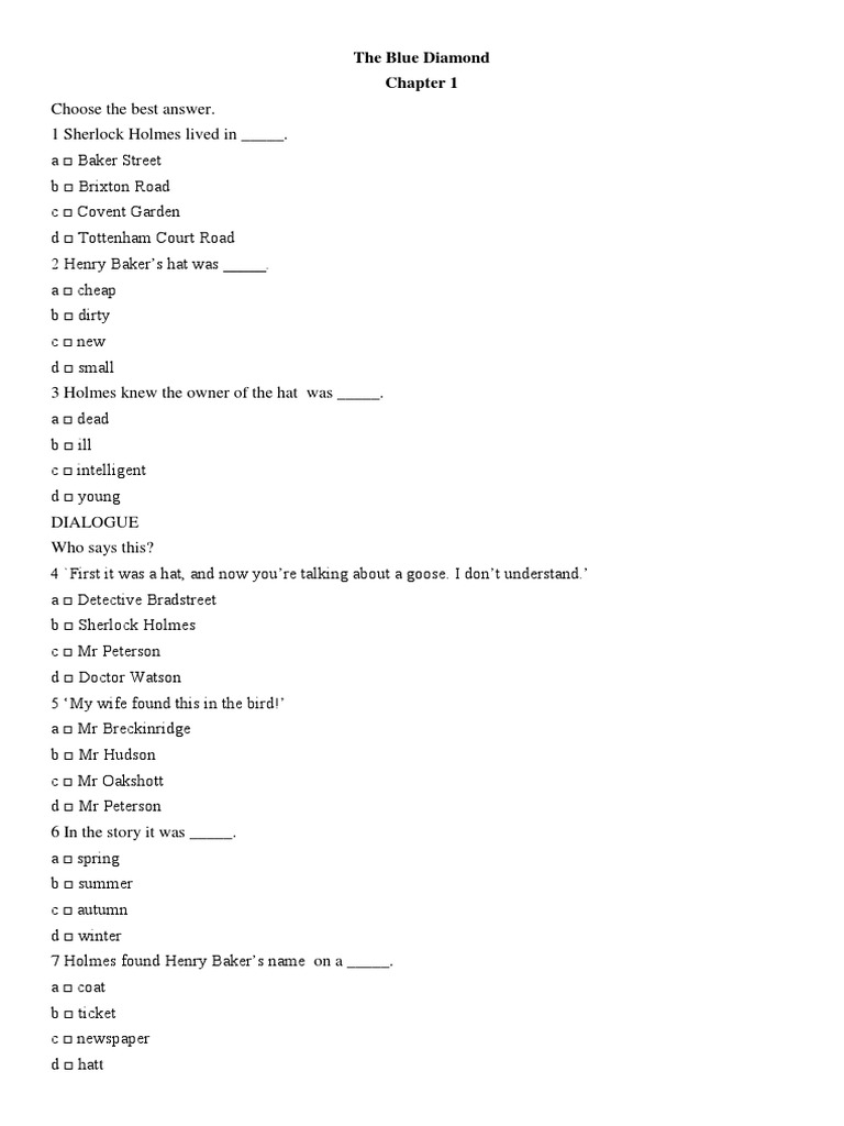 Sherlock Holmes: Blue Diamond Quiz | PDF | Mystery, Thriller & Crime ...