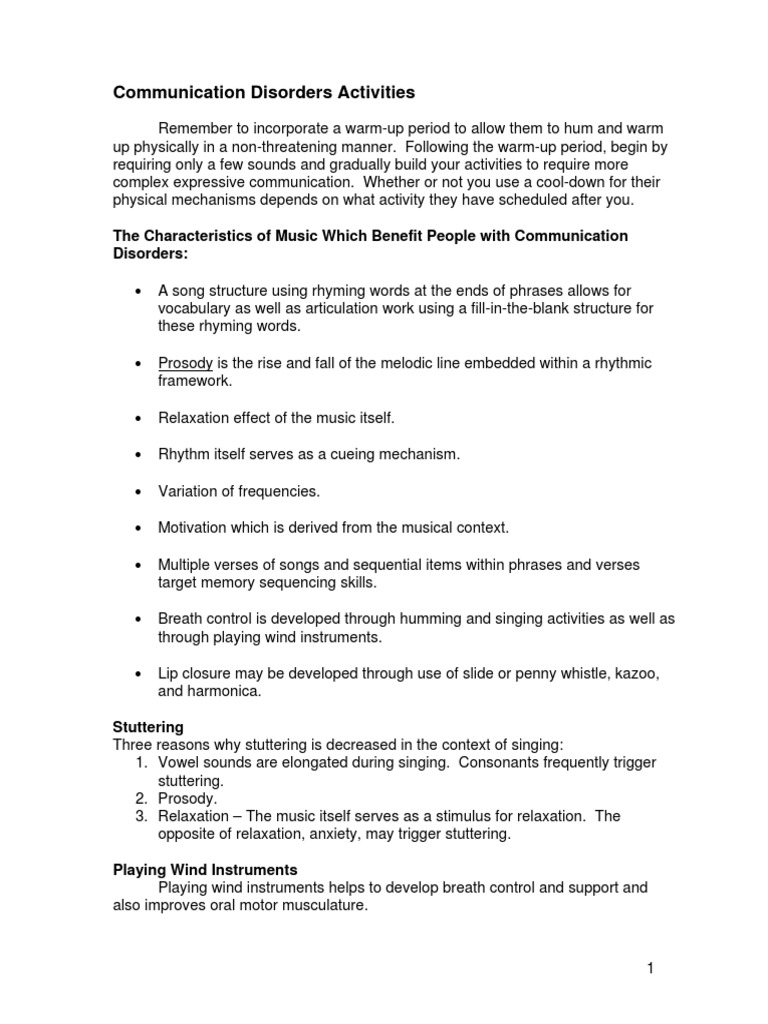 Communication Disorders Activities | PDF | Singing | Stuttering