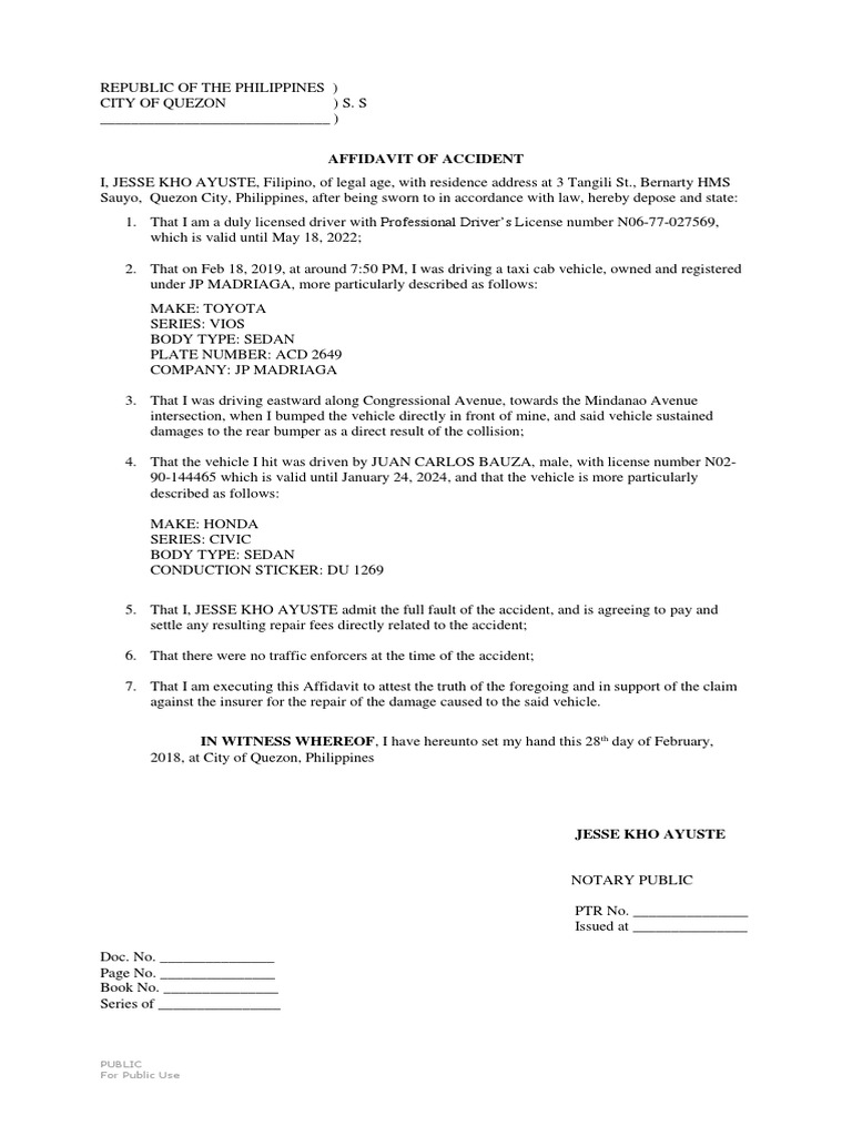 Affidavit of Accident - Party at Fault | PDF