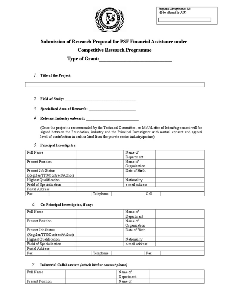 Submission of Research Proposal For PSF Financial Assistance Under ...