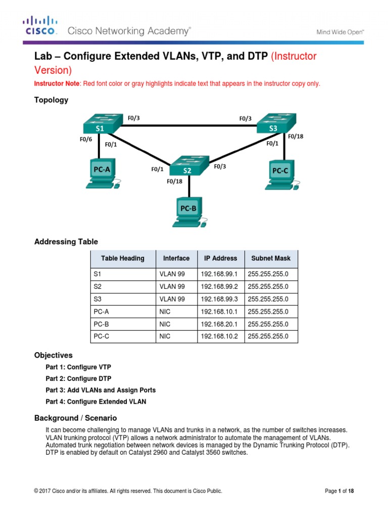 2.1.4.5 Lab - Configure Extended VLANs, VTP, and DTP (Instructor Version) | PDF | Network Switch ...