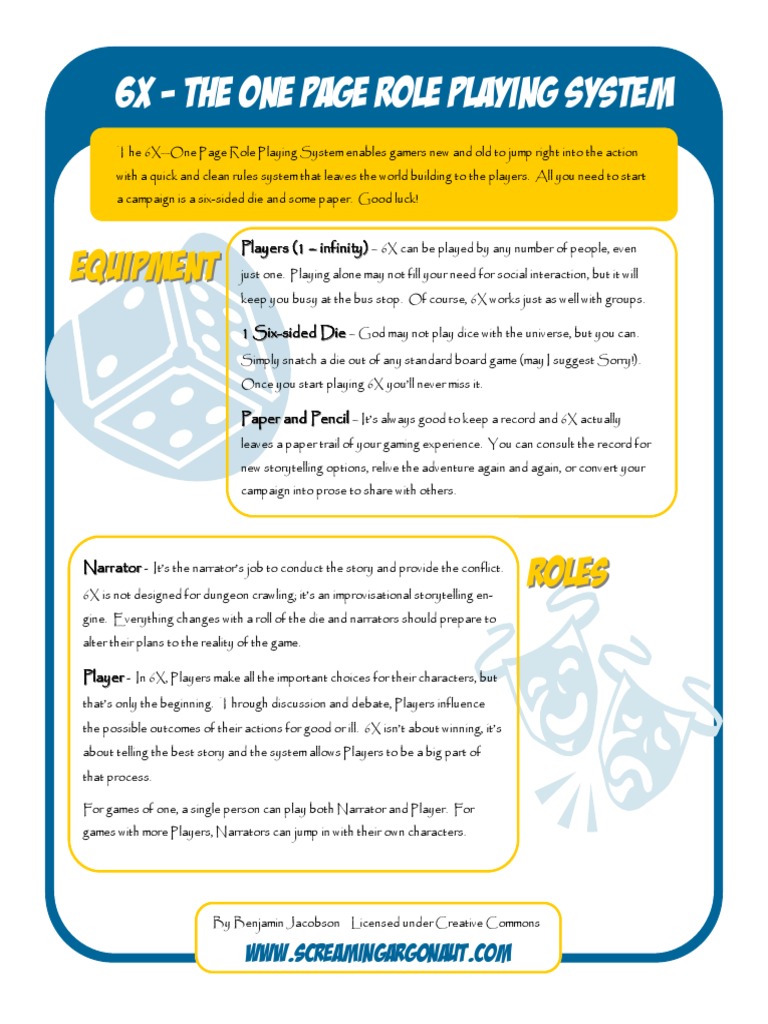 6X - The One Page Roleplaying System | PDF | Dice | Storytelling