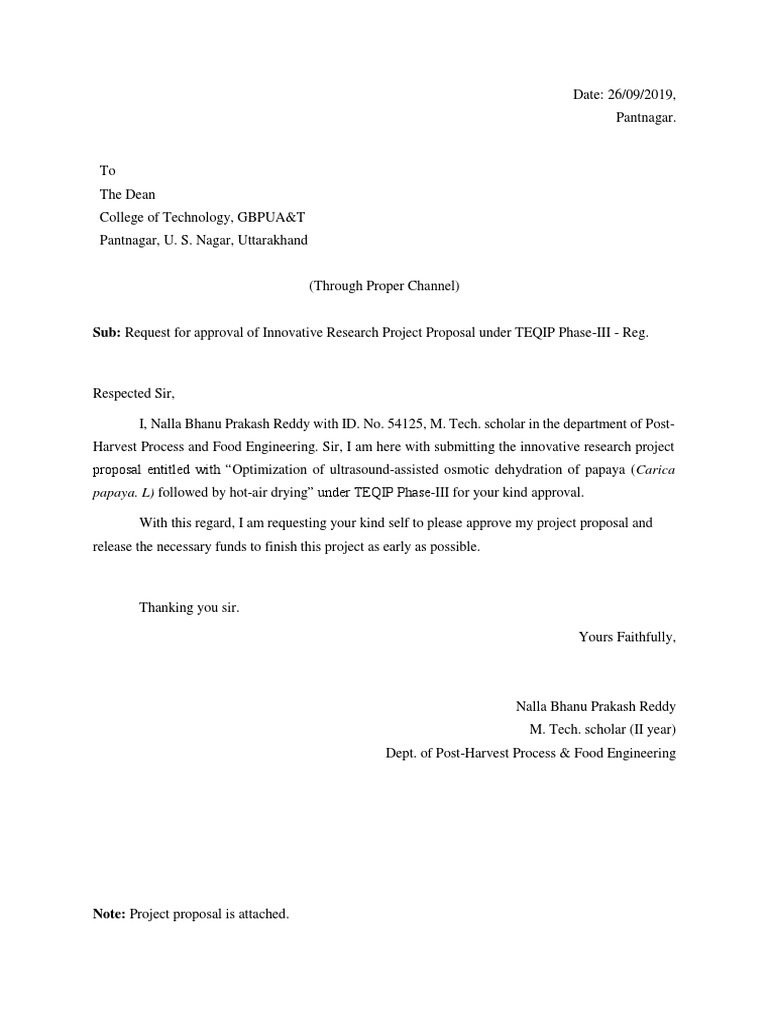 Sub: Request For Approval of Innovative Research Project Proposal Under ...