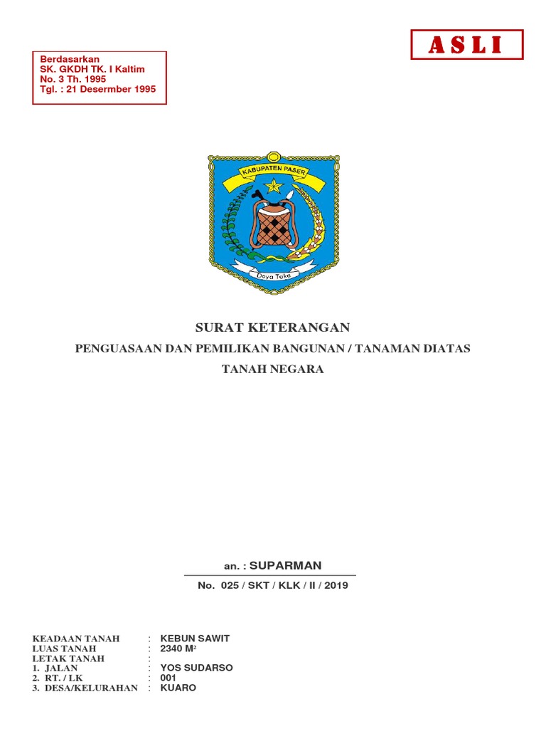 Contoh SKT Kelurahan Kuaro | PDF