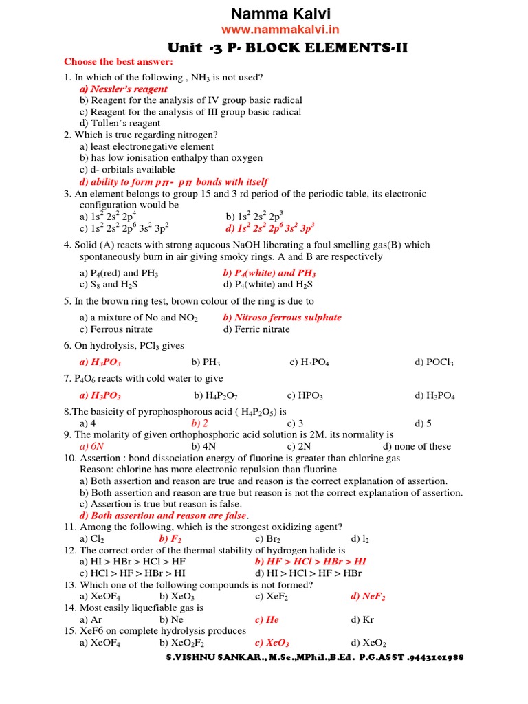 Unit - 3 P-Block Elements-Ii: WWW - Nammakalvi.in | PDF | Chlorine | Acid