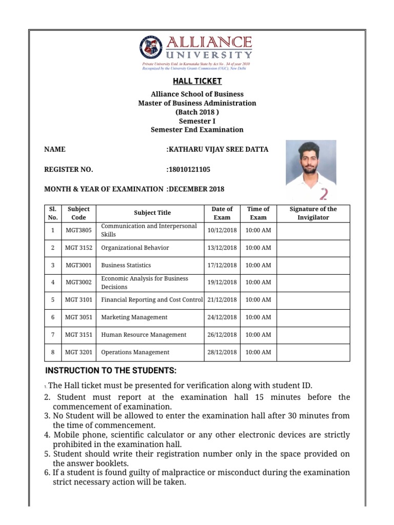 Hall Ticket: Instruction To The Students | PDF