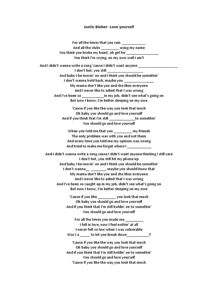 Justin Bieber - Love Yourself Lyrics | PDF | Love Yourself | Recorded Music