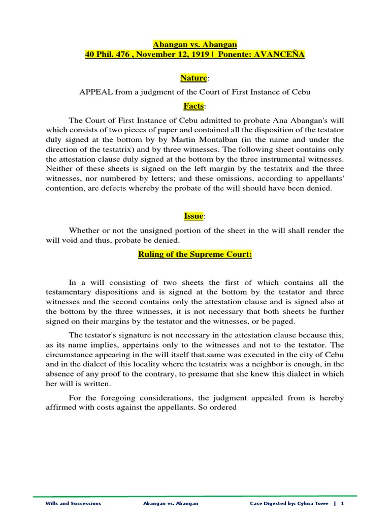 Abangan vs. Abangan. 40 Phil. 476, November 12, 1919 | PDF