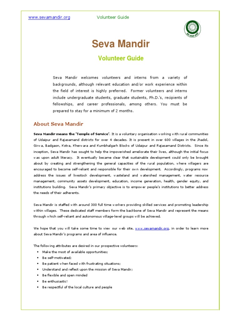 Seva Mandir Volunteer Guide | PDF | Dormitory | Travel Visa