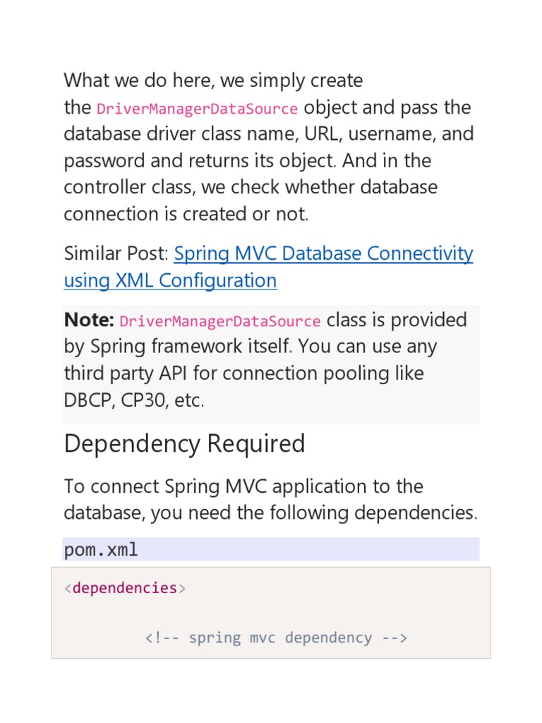 Dependency Required Spring Mvc Database Connectivity Using Xml