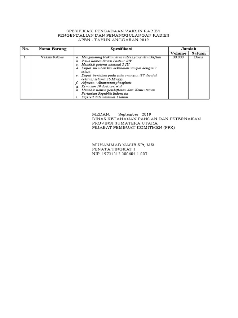 Spek VAKSIN RABIES APBN 2019 PDF | PDF