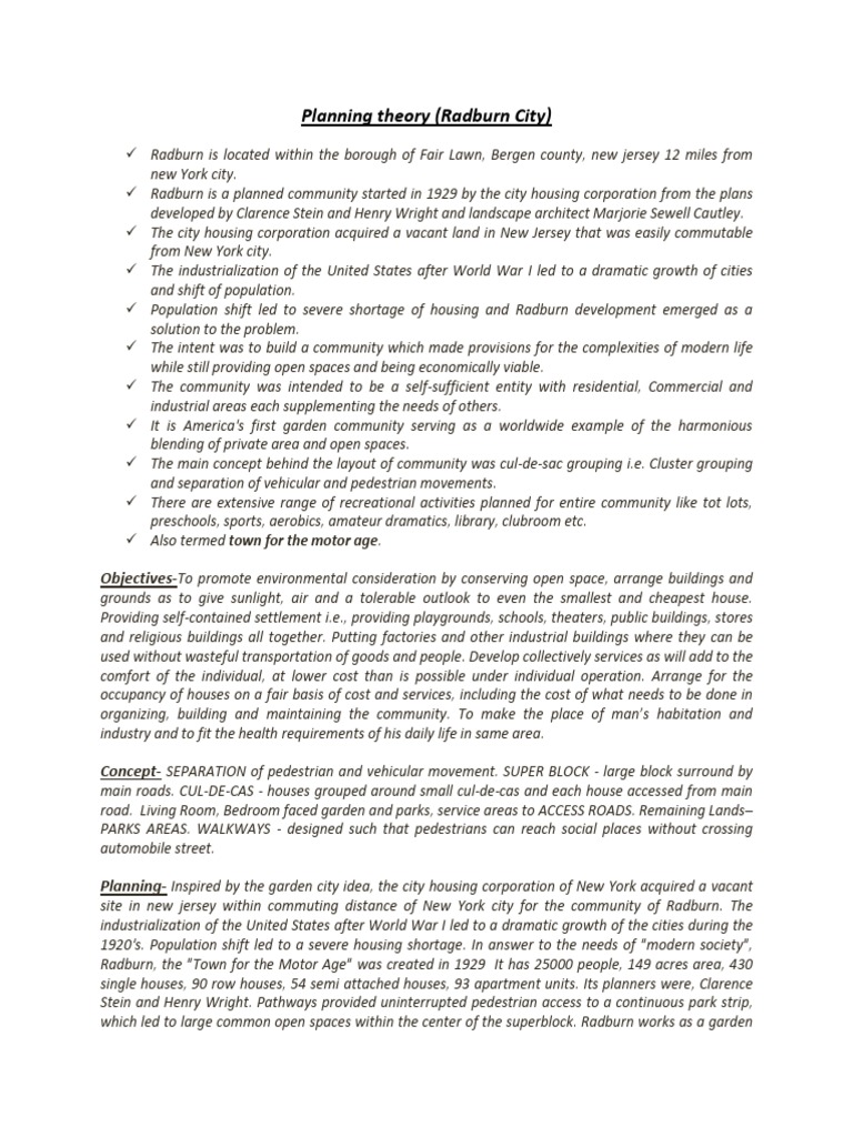 Planning Theory (Radburn City) : Objectives | Download Free PDF | Urban ...