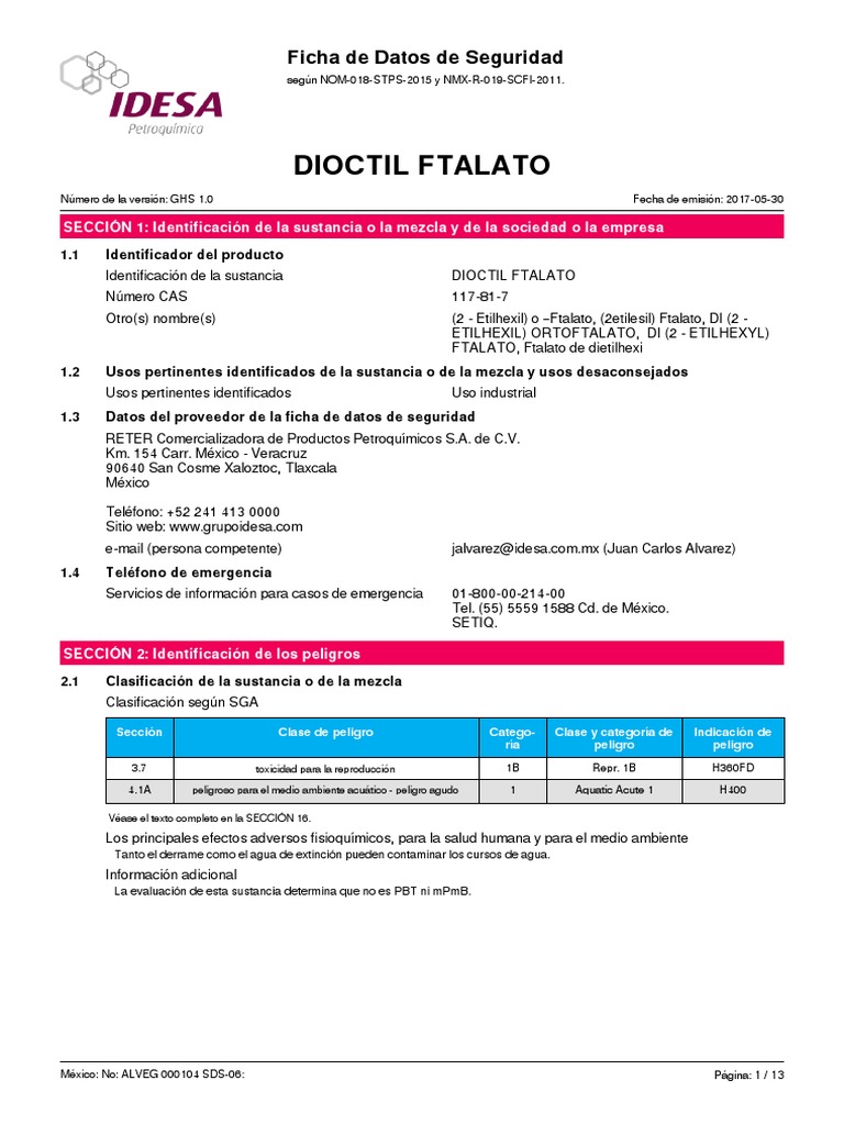 Dioctil Ftalato: Ficha de Datos de Seguridad | Dióxido de carbono | Agua
