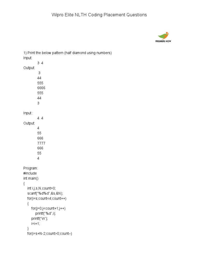 Wipro Elite NLTH Coding Placement Questions | PDF | Applied Mathematics | Discrete Mathematics