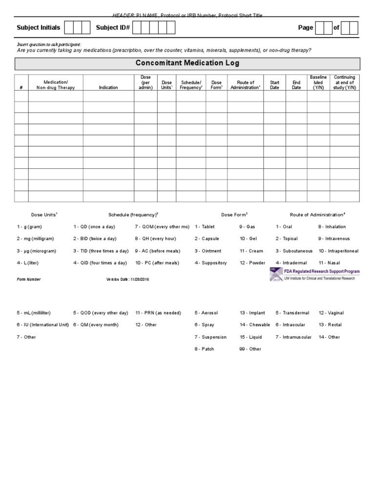 Concomitant Medication Log: Subject Initials Subject ID# Page of | PDF ...