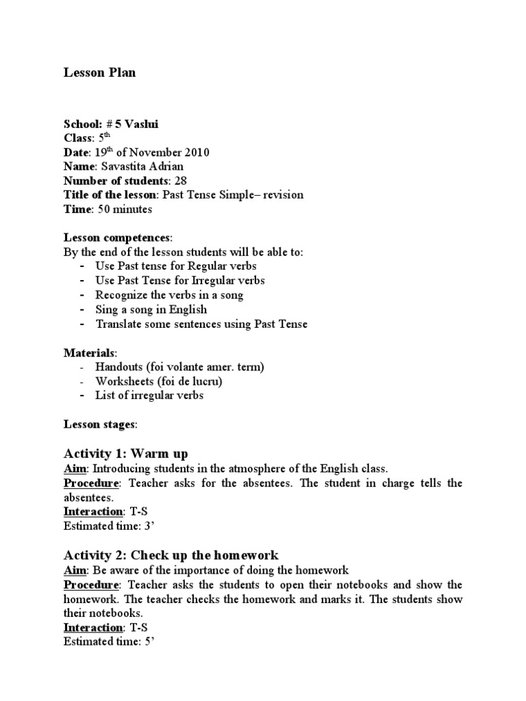 Past Simple Tense Lesson Plan | PDF | Grammatical Tense | Lesson Plan