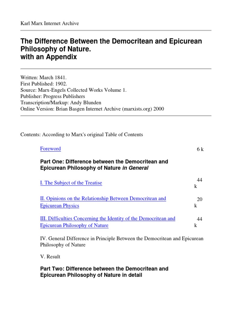 Marx, Karl - Doctoral Thesis - The Difference Between The Democritean ...